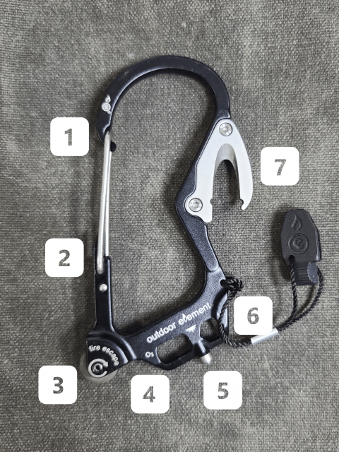 フリント式で火が起こせるファイヤスターター付き多機能カラビナ『Outdoor Element Fire Escape』│Nichejour